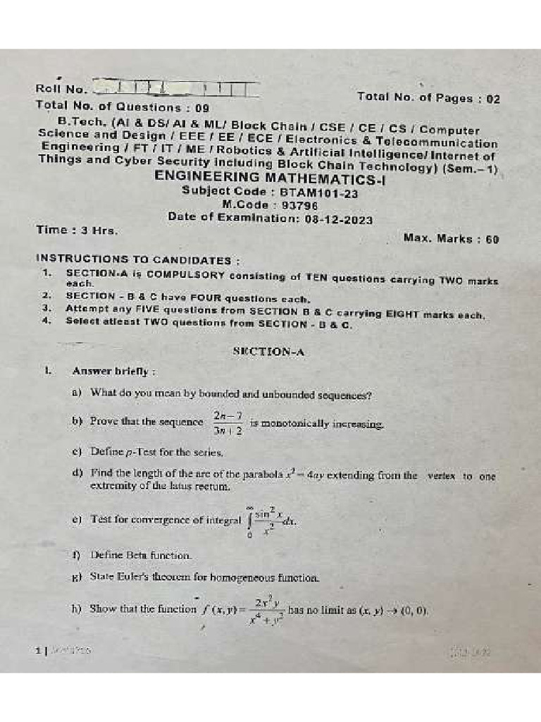 December 2023 (All Branches) PTU Question Paper With Solution | PDF