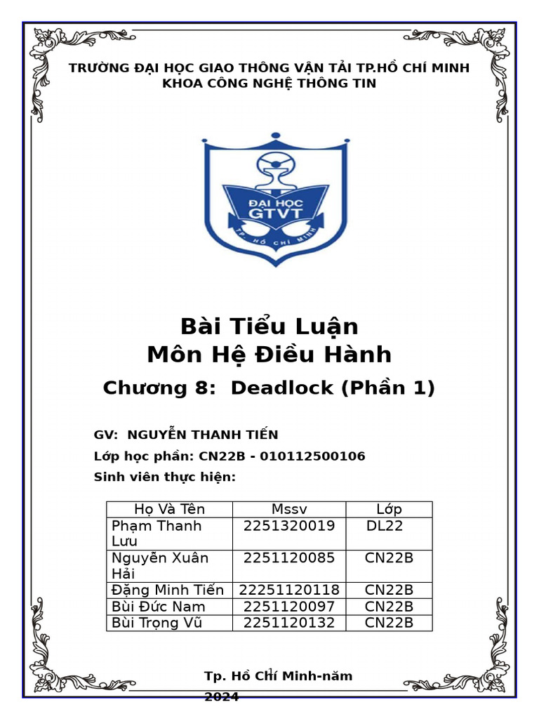 Nhóm 3 - Chương 8 Deadlock Phần 1 - HĐH - 010112500106 | PDF
