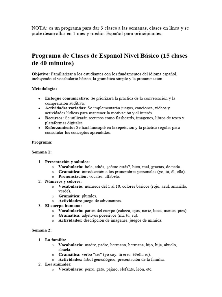 Programa de Clases de Español | PDF | Lengua española | Artes del ...