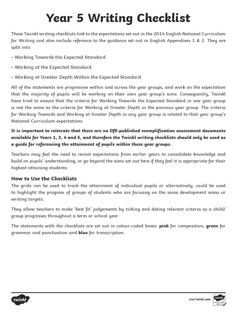 Year 5 Writing Checklist | PDF
