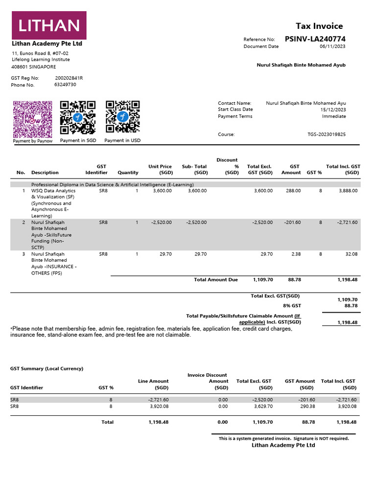 Lithan Academy Pte LTD - Invoice Psinv-La240774 | PDF