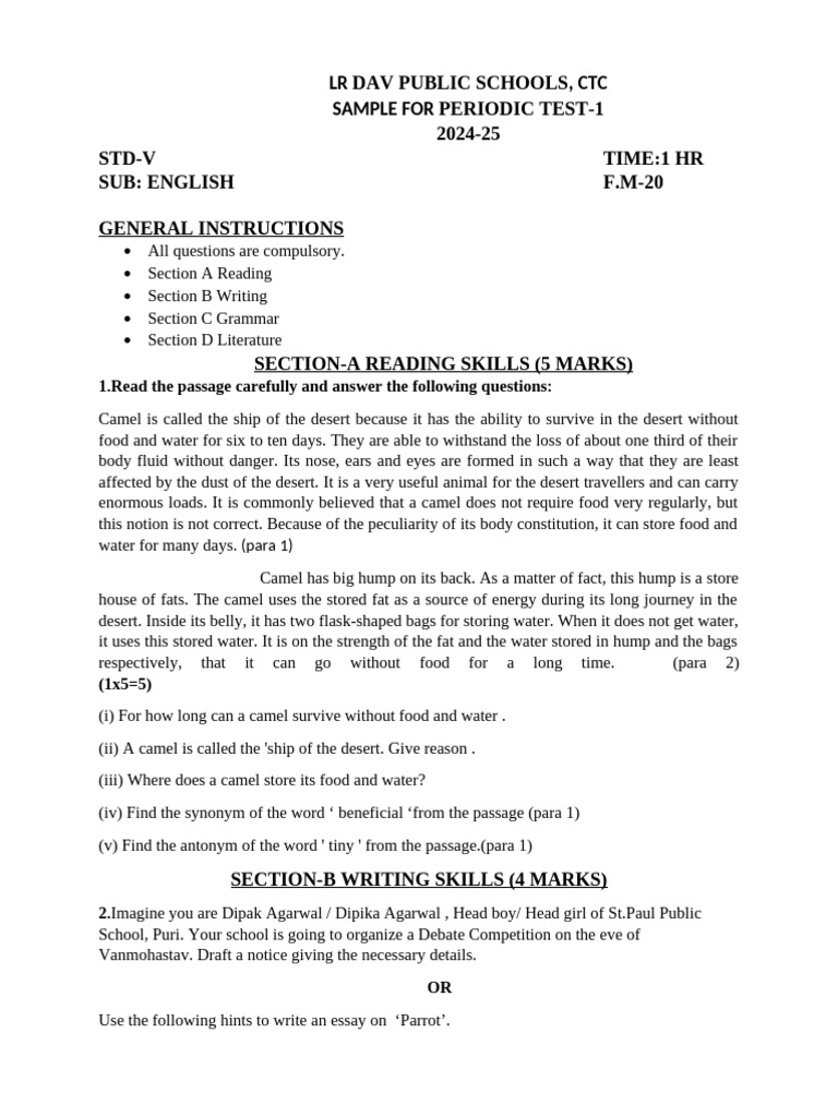 Sample std 5 English PT -1 | PDF