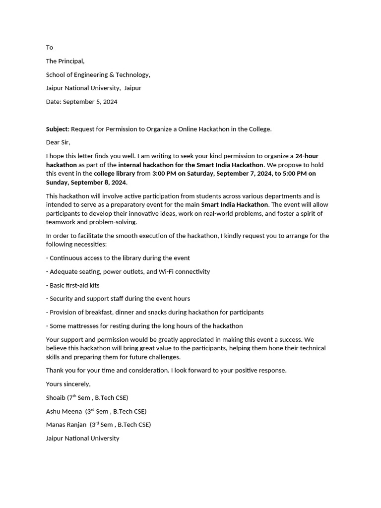 Hackathon Permission Letter-1 | PDF