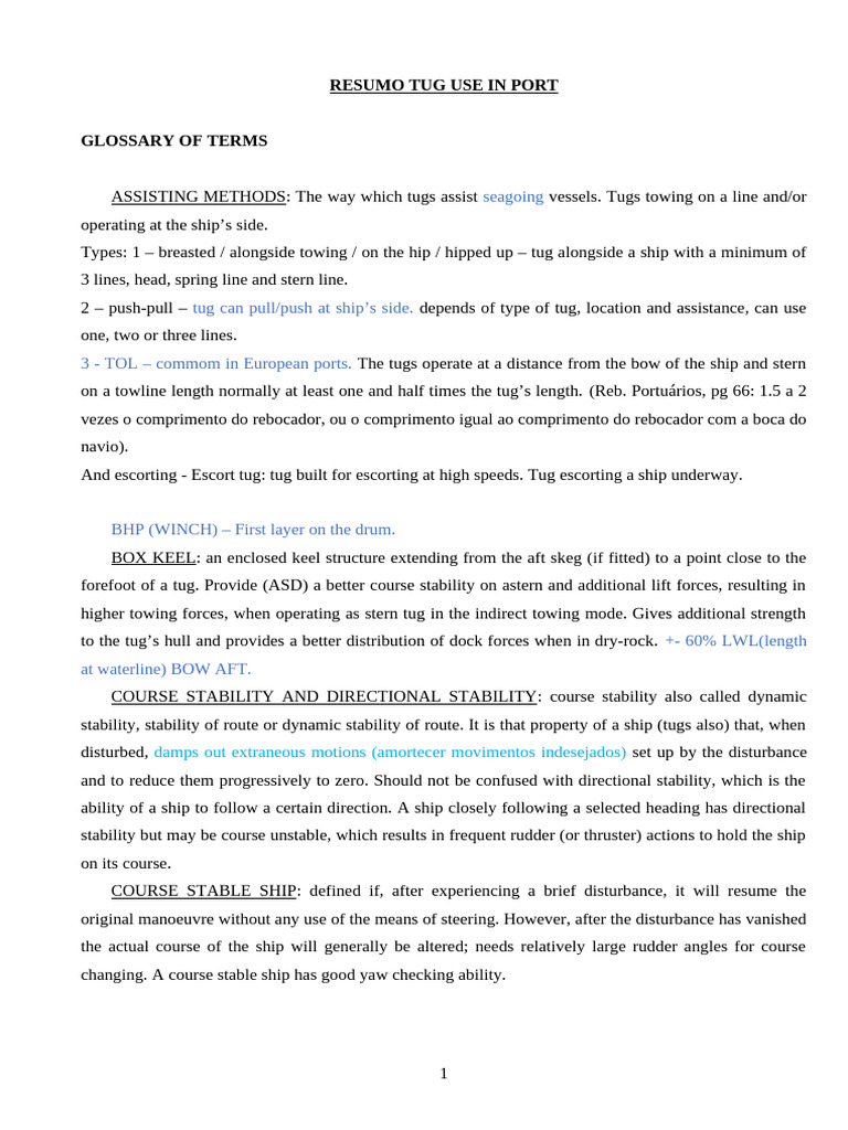 RESUMO TUG USE IN PORT - Cap 1 | PDF
