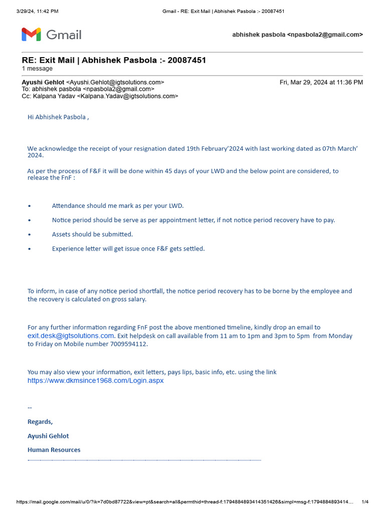 Gmail - RE - Exit Mail - Abhishek Pasbola - 20087451 | PDF