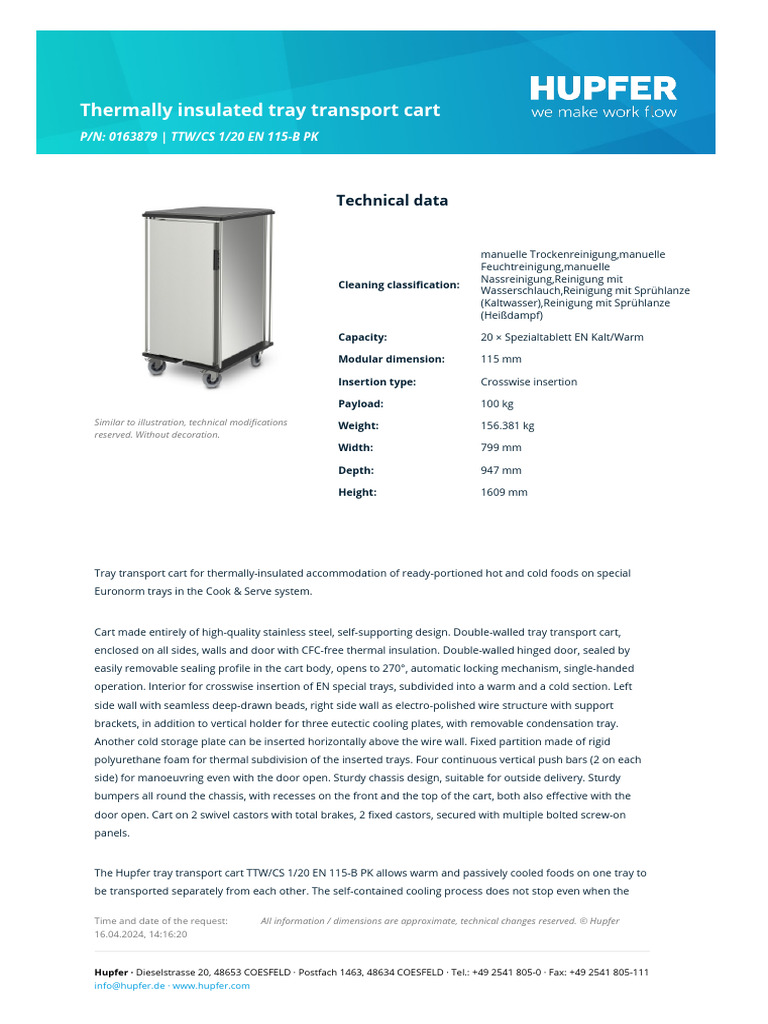 Thermally Insulated Tray Transport Cart Specsheet | PDF