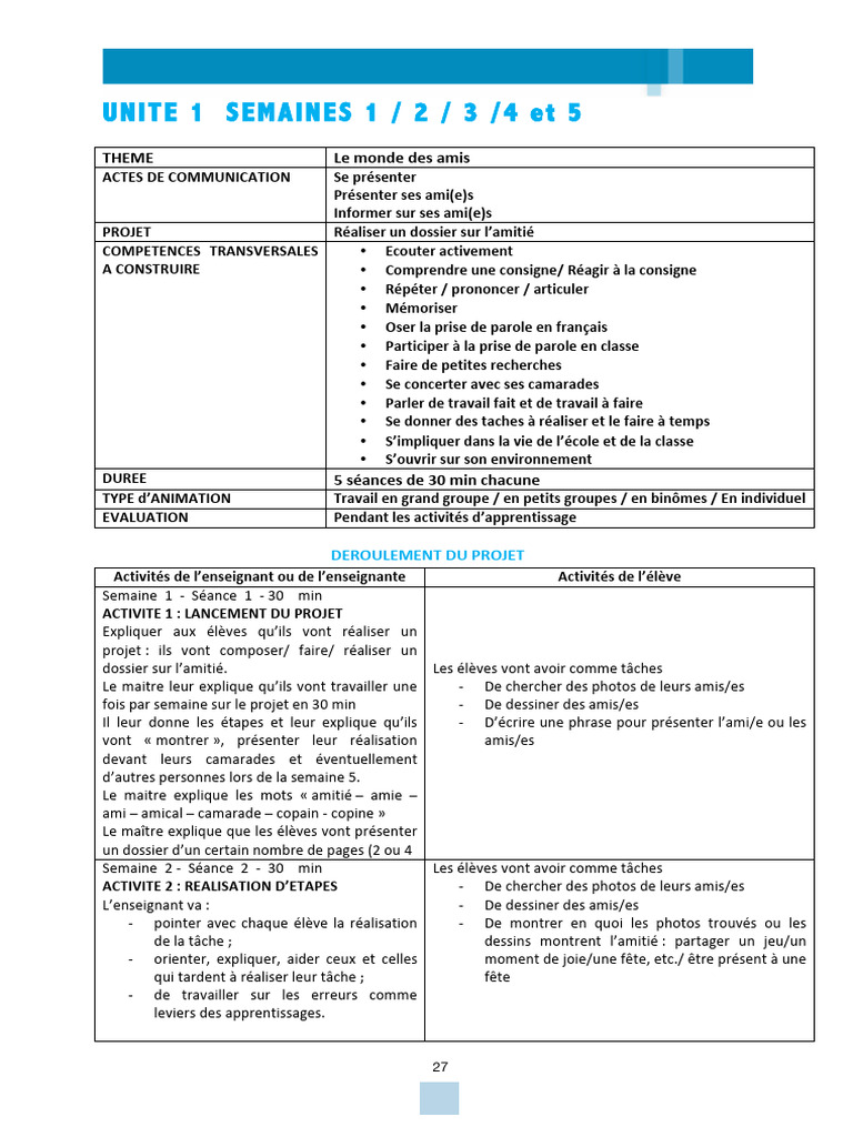 Fiches U1 - L'Oasis Des Mots 3AEP - Escuila | PDF
