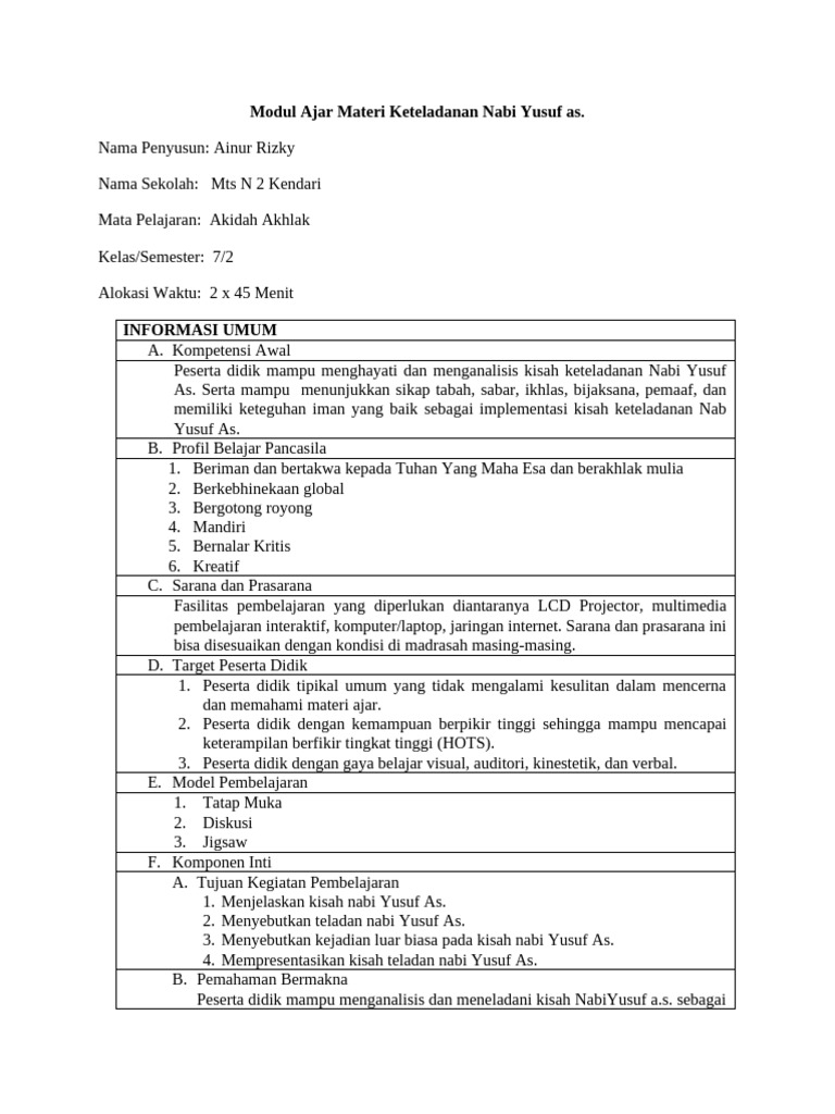 Contoh Modul Ajar Akidah Akhlak - 1 | PDF