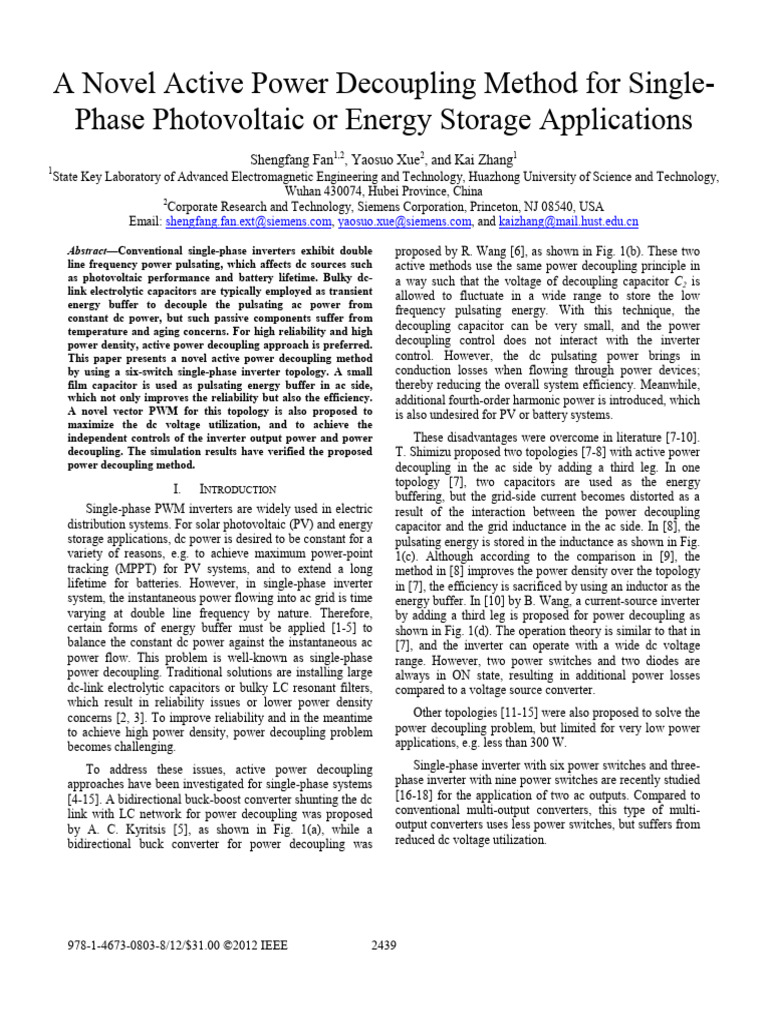 A Novel Active Power Decoupling Method For Single-Phase Photovoltaic or ...
