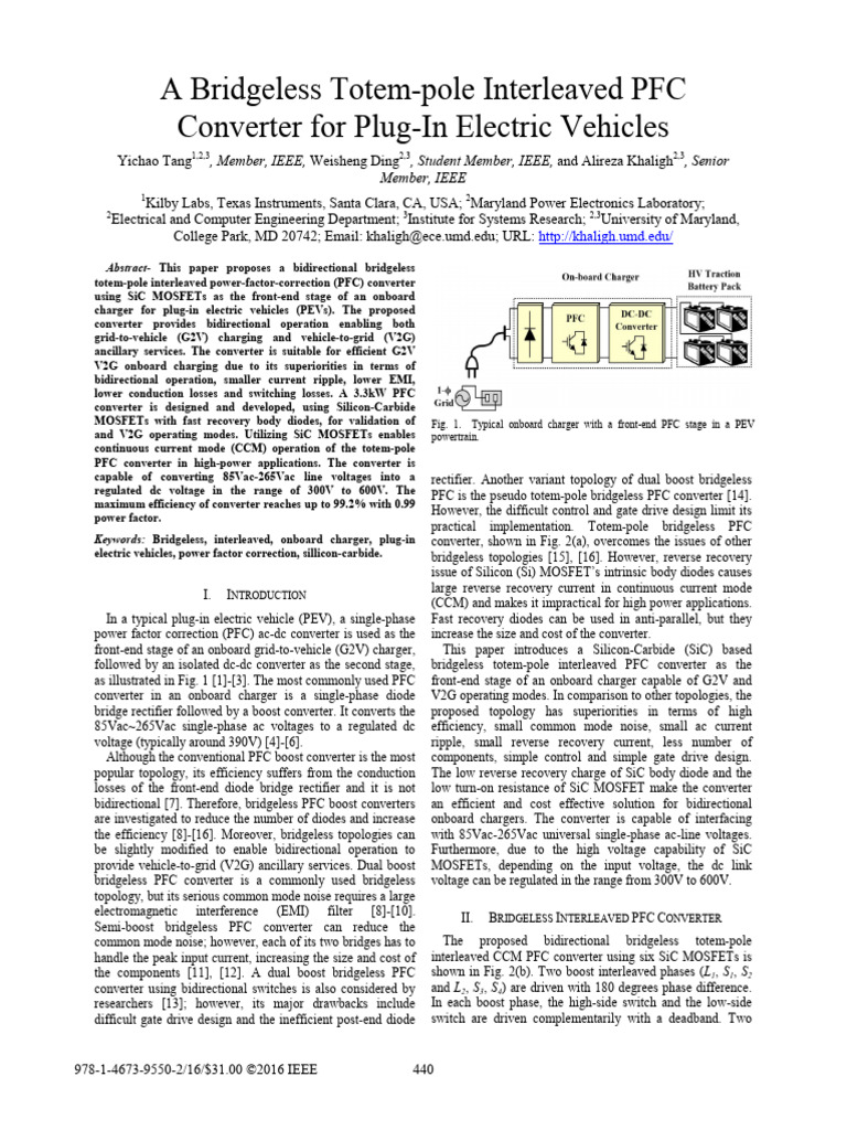 A Bridgeless Totem-Pole Interleaved PFC Converter For Plug-In Electric Vehicles | PDF