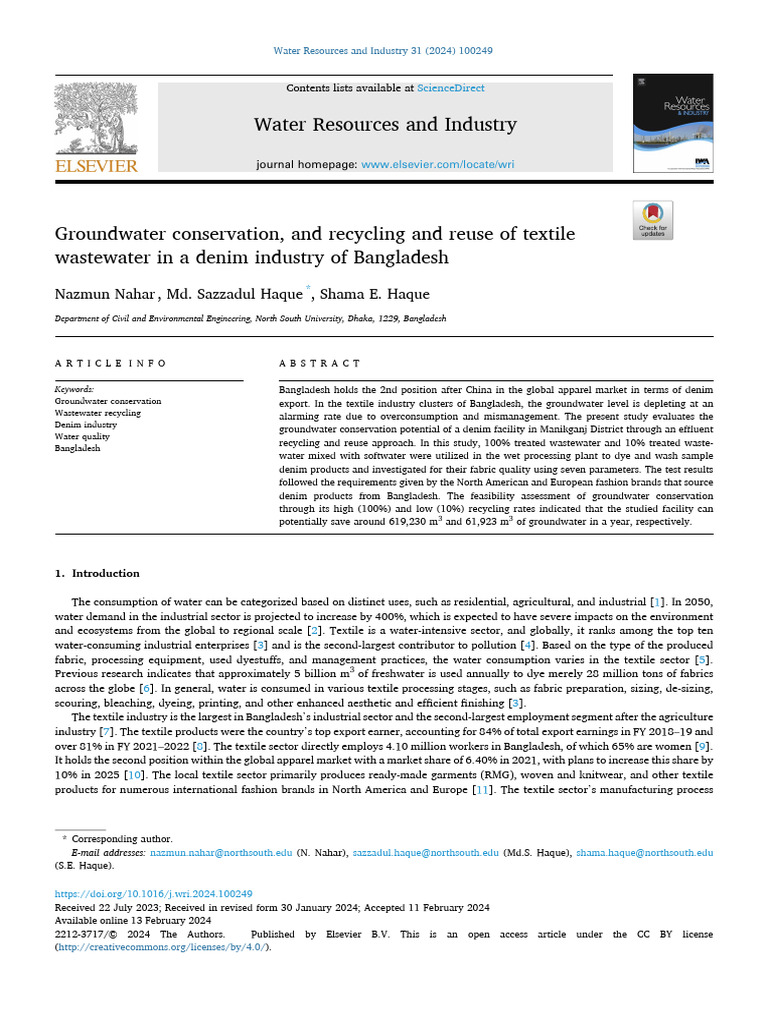 Water Resources and Industry: Nazmun Nahar, Md. Sazzadul Haque, Shama E. Haque | PDF