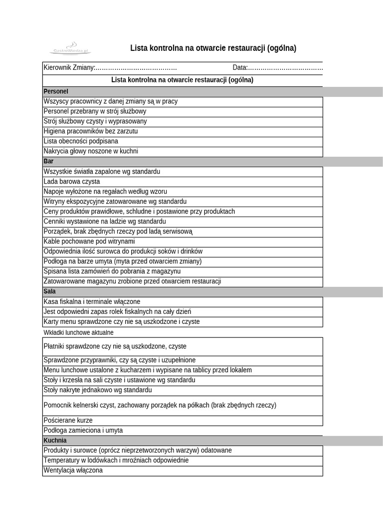 Lista Kontrolna Na Otwarcie Restauracji 0 | PDF