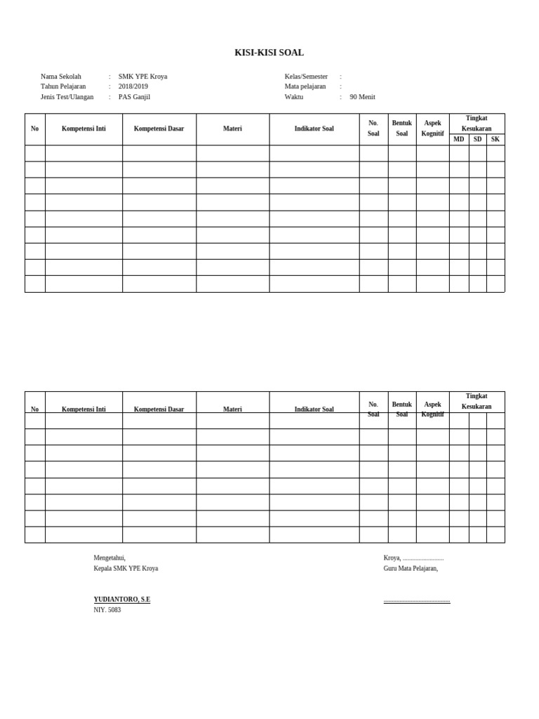 Form Kisi-Kisi Soal Word | PDF