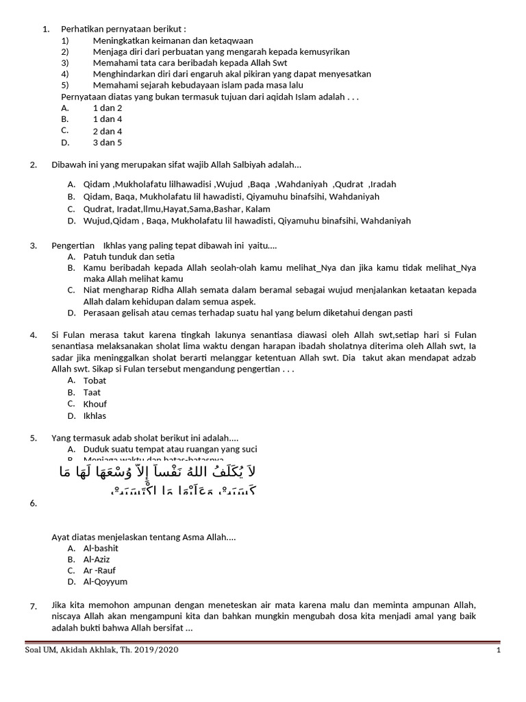 SOAL UM AQIDAH AKHLAK MTS | PDF