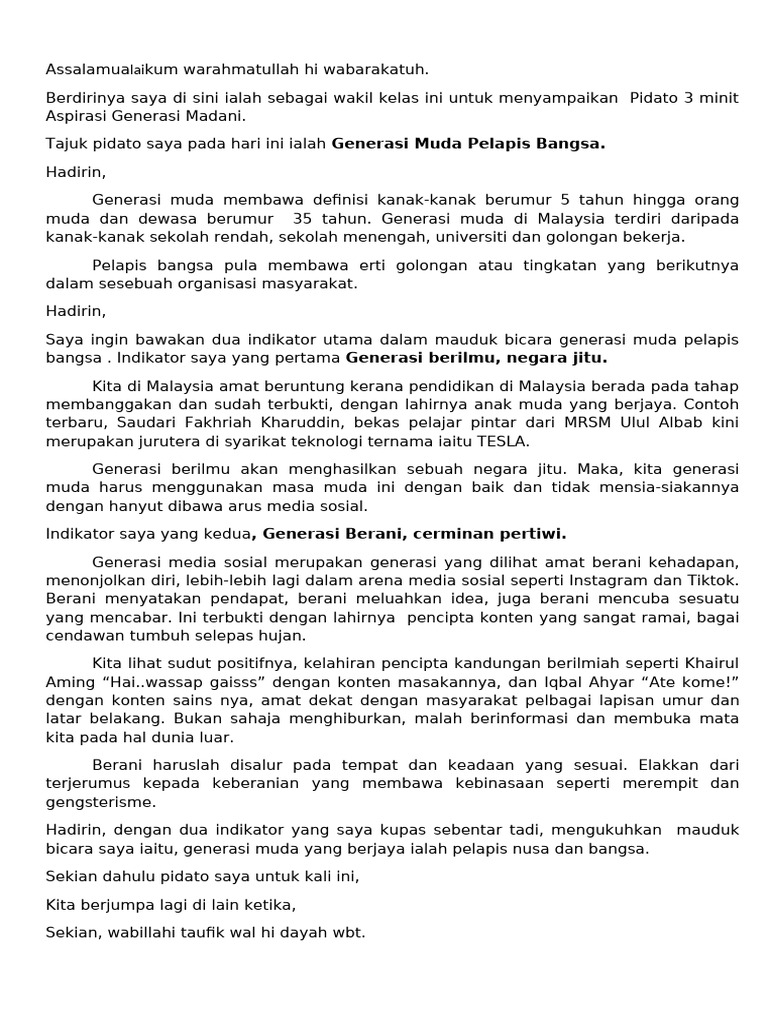 Pidato Generasi Muda Pelapis Bangsa | PDF