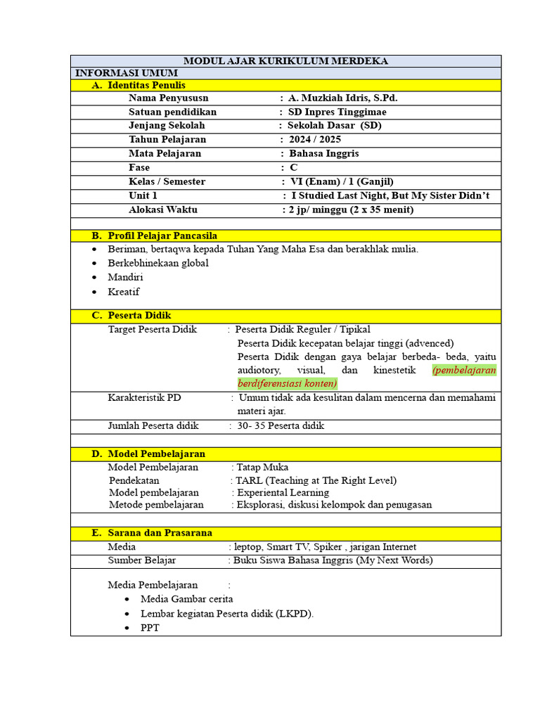 T3-Aksi Nyata - Modul Ajar - Bahasa Inggris - Pendekatan - Experiential - Learning | PDF