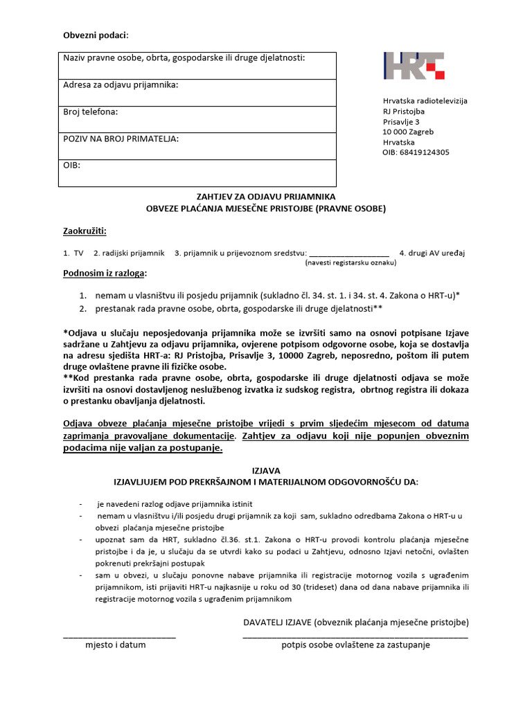Zahtjev Za Odjavu Prijamnika Za Pravne Osobe 20210210093627 | PDF