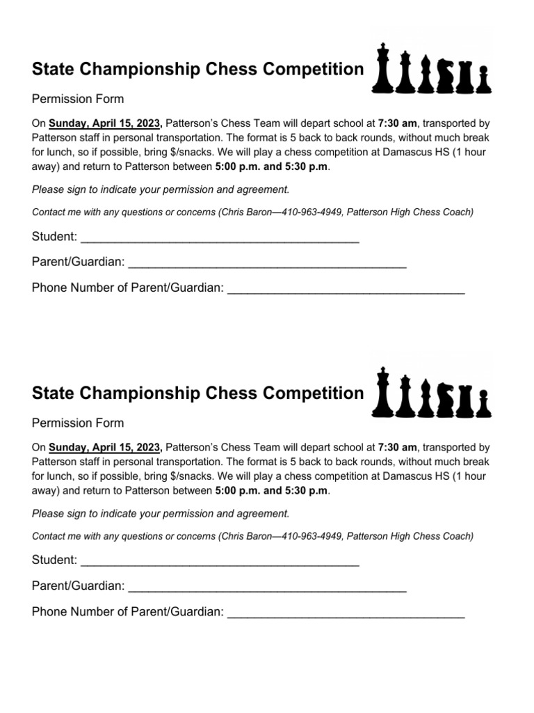 Chess Team Permission Form States 2023 | PDF
