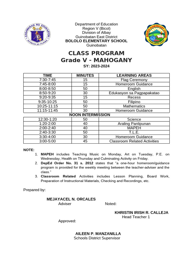 Class Program Grade 5 Mahogany Pdf 4011