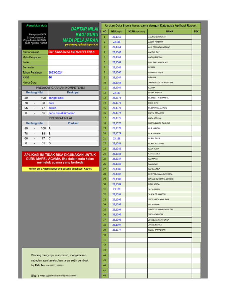 FORMAT NILAI KELAS 7 2023-2024 | PDF