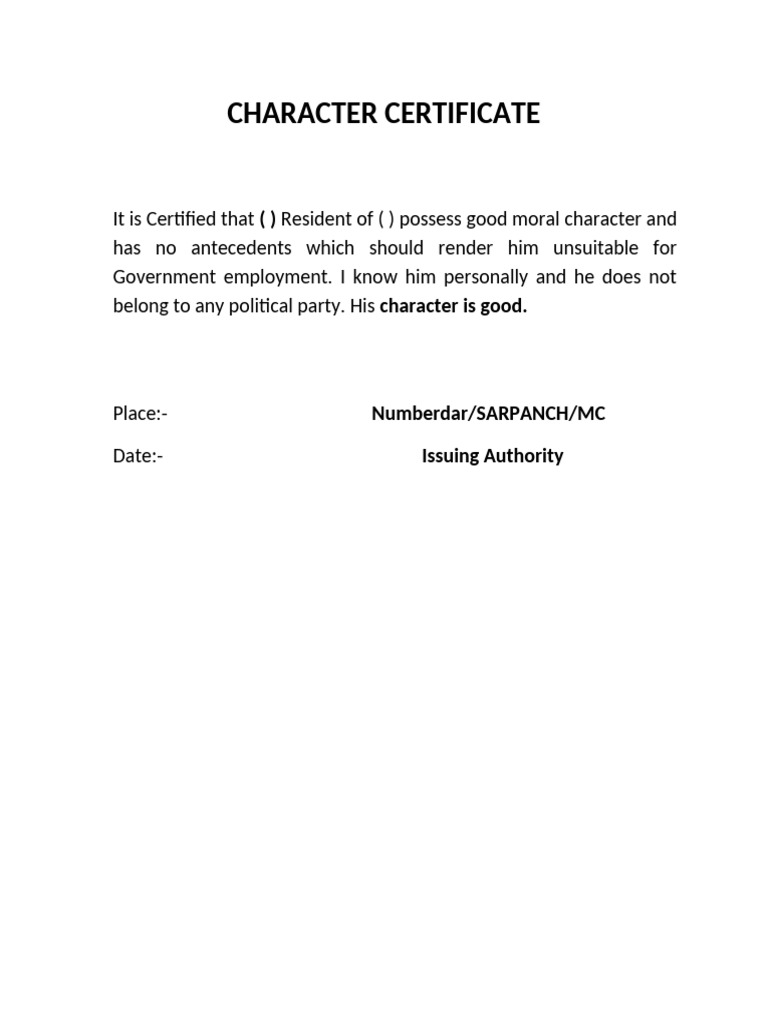 Character Certificate Blank Form For Agnipath Army Agniveer Scheme | PDF