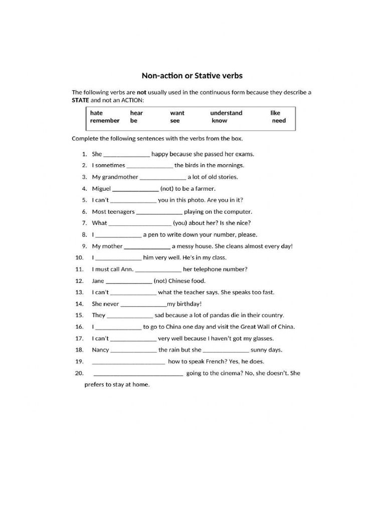 Non-Action or Stative Verbs | PDF