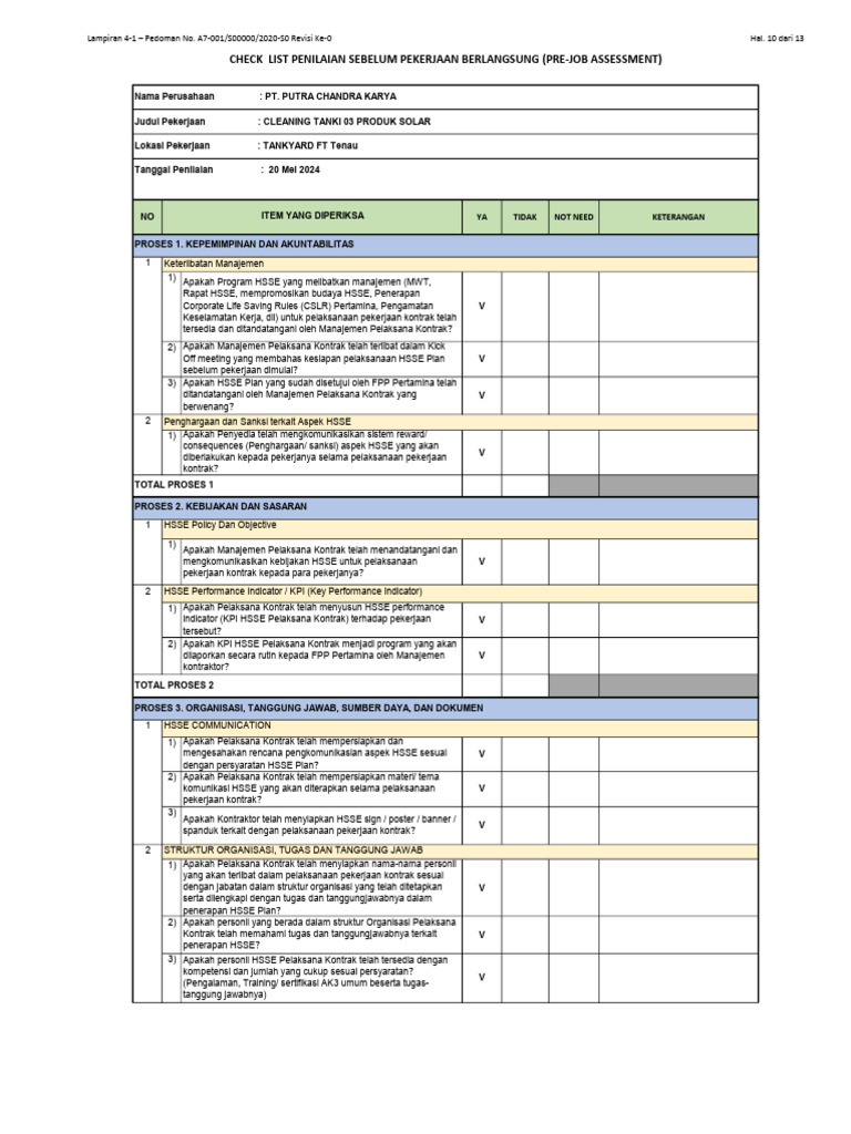 Penilaian PJA PT PCK Cleaning Tangki 3 | PDF