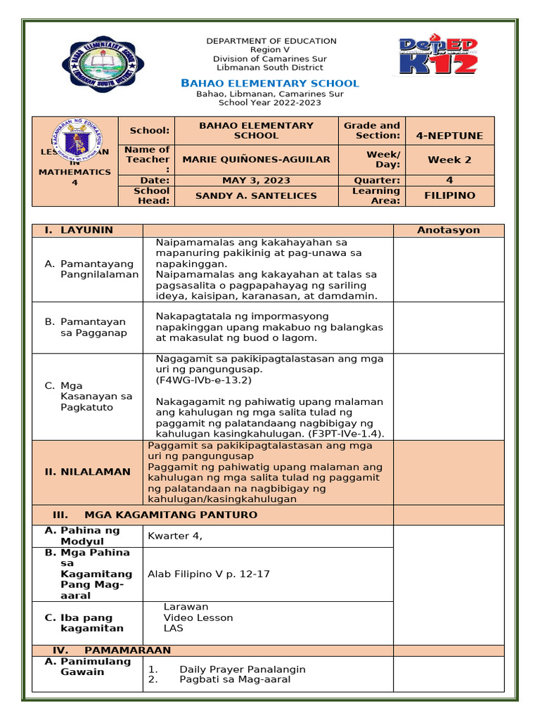 Detailed Lesson Plan in Filipino 4 | PDF