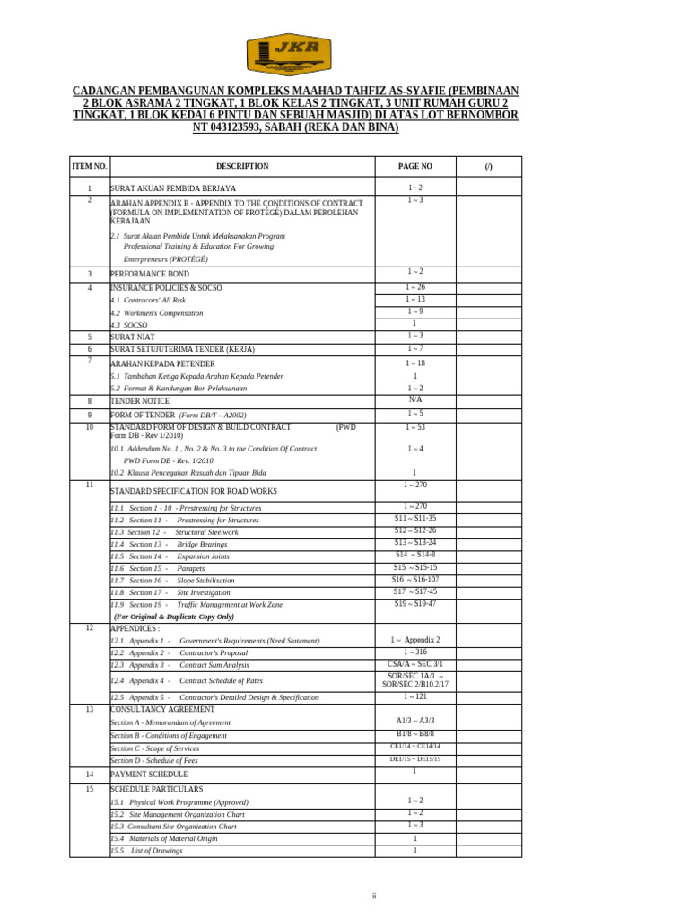 Checklist Contract Document Projek Tafiz Reka Dan Bina PDF | PDF