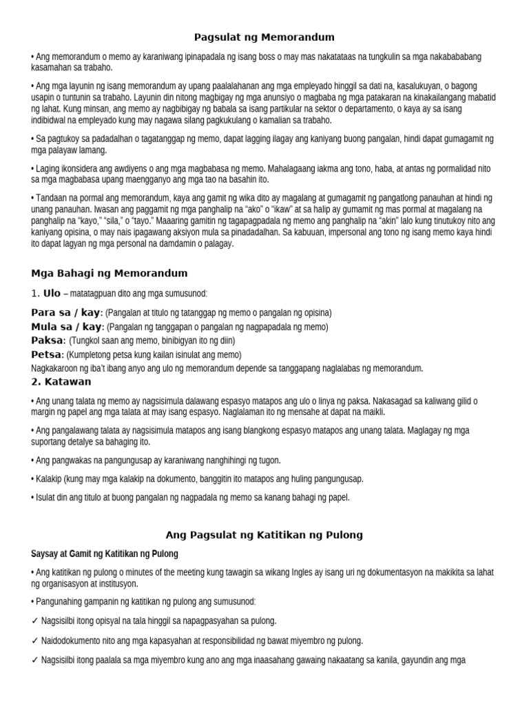 Pagsulat NG Memorandum, Katitikan NG Pulong | PDF Pagsulat NG Memorandum, Katitikan NG Pulong | PDF