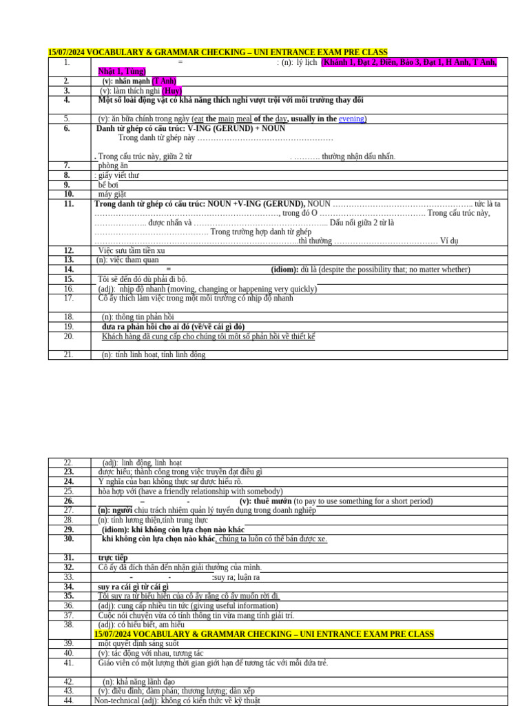 15.07.2024 STUDENT VOCABULARY CHECKING CLASS LUYỆN THI | PDF