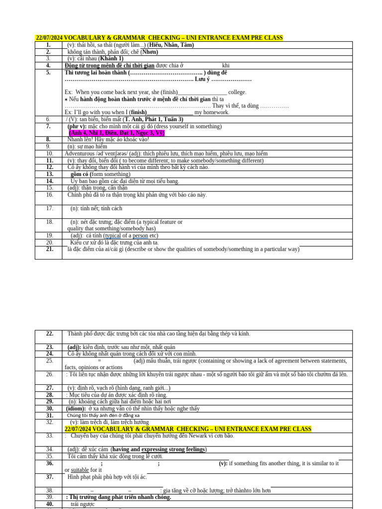 22.07.2024 STUDENT VOCABULARY CHECKING CLASS LUYỆN THI | PDF