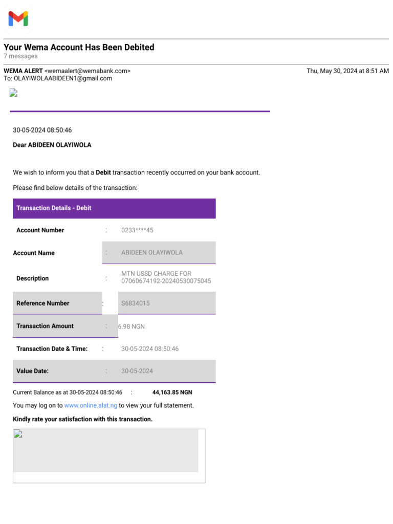 Gmail - Your Wema Account Has Been Debited | PDF