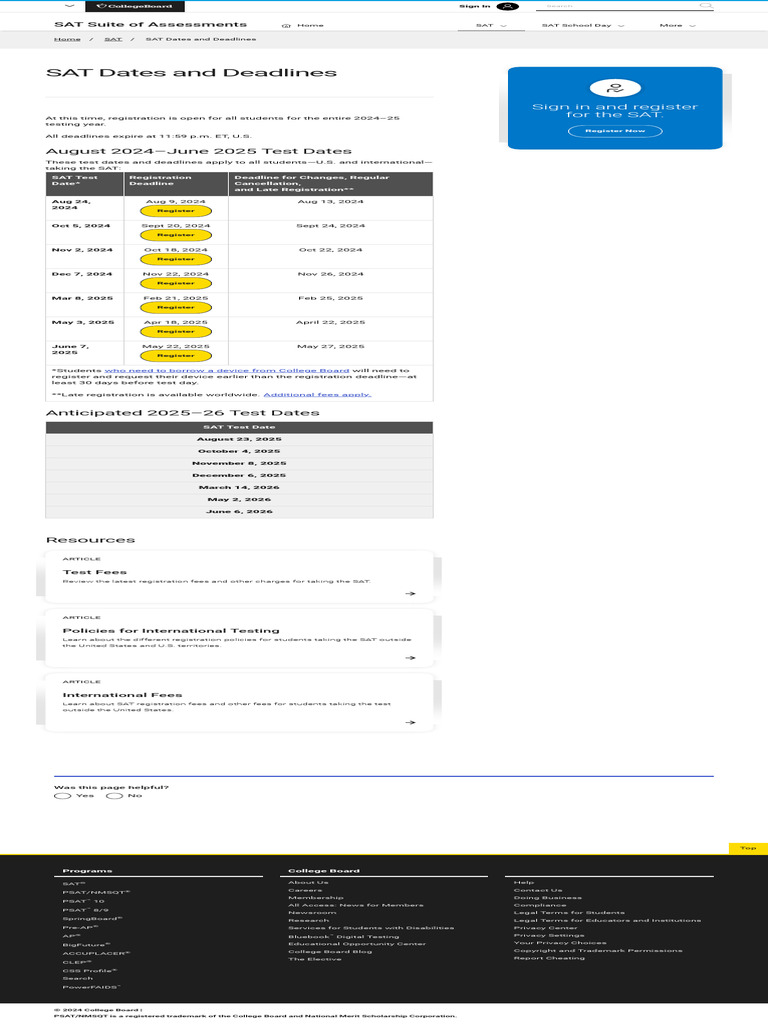 SAT Dates and Deadlines - SAT Suite College Board | PDF