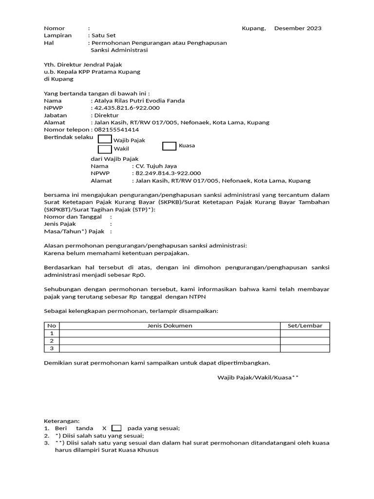 Format Permohonan Pengurangan Atau Penghapusan Sanksi | PDF