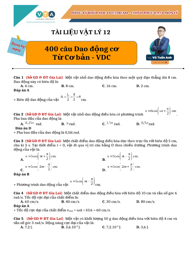 22. Thay Vu Tuan Anh. 400 Câu Dao Động Cơ Từ Cơ Bản Tới VDC | PDF