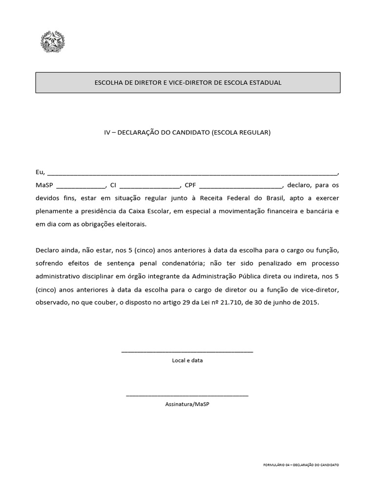 Formulário 04 Regular - Declaração Do Candidato - Escola Regular | PDF