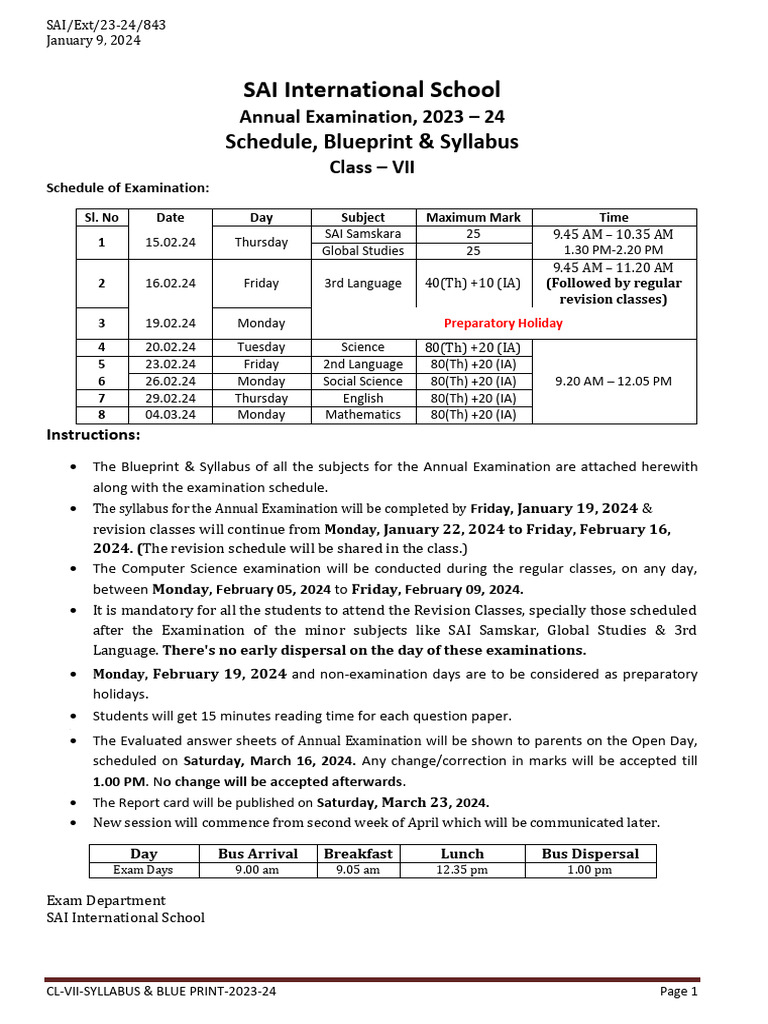 Class VII-Annual Blueprint & Syllabus-2023-24 SIS | PDF