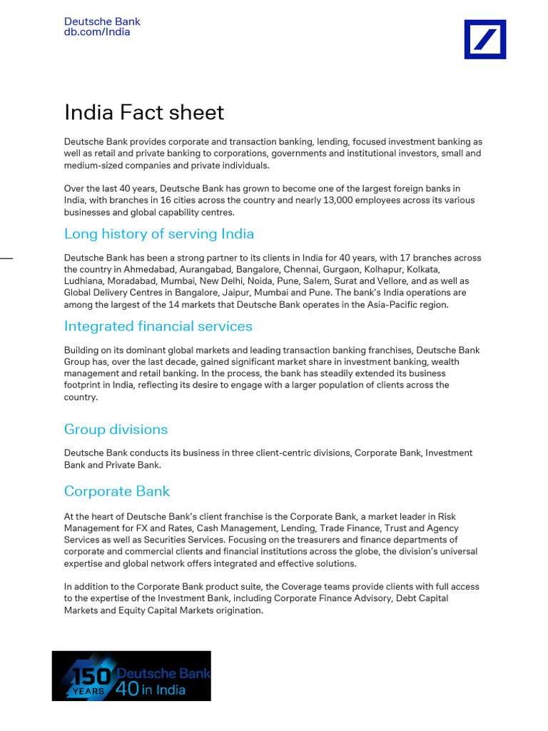 Deutsche Bank India Fact Sheet January 2020 | PDF