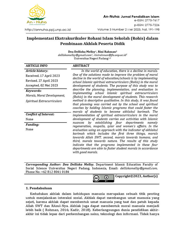 Implementasi Ekstrakurikuler Rohani Islam Sekolah (Rohis) Dalam | PDF