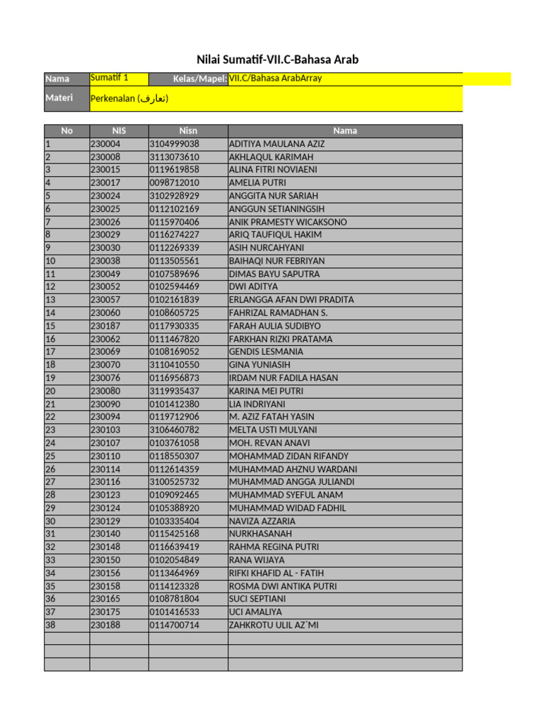 Nilai Sumatif-VII.C-Bahasa Arab | PDF