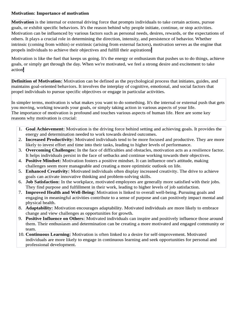 Motivation Importance of Motivation | PDF