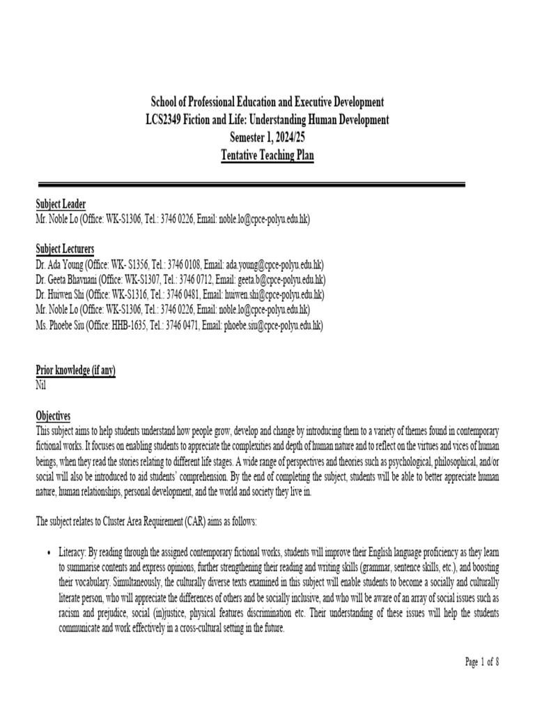 LCS2349 Fiction and Life TP S1 202425 Updated | PDF