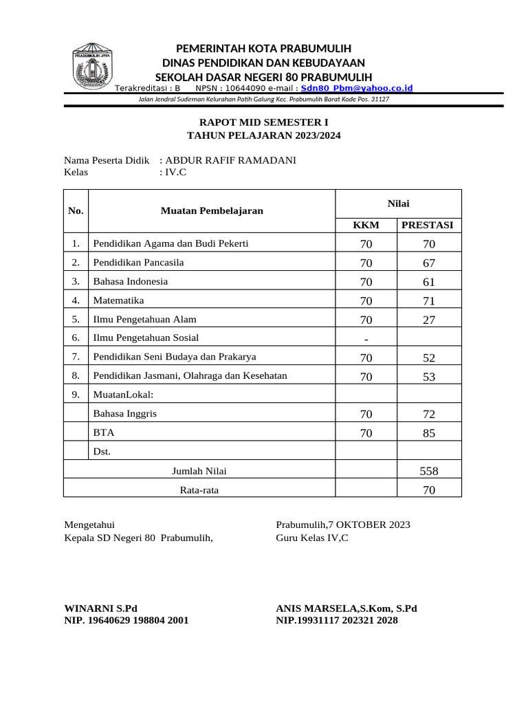 Rapot MID Semester 1 (Kelas IV.B) | PDF