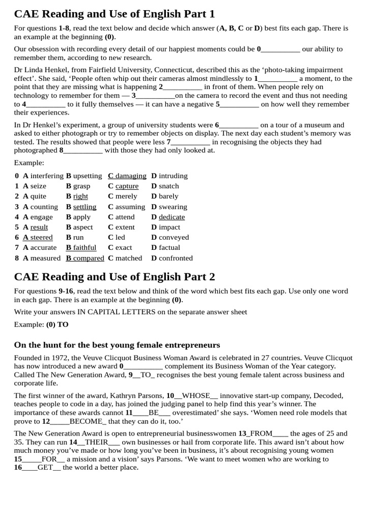 Marta Homework Week 7 Reading and Use of English Parts 1-3 Practice ...