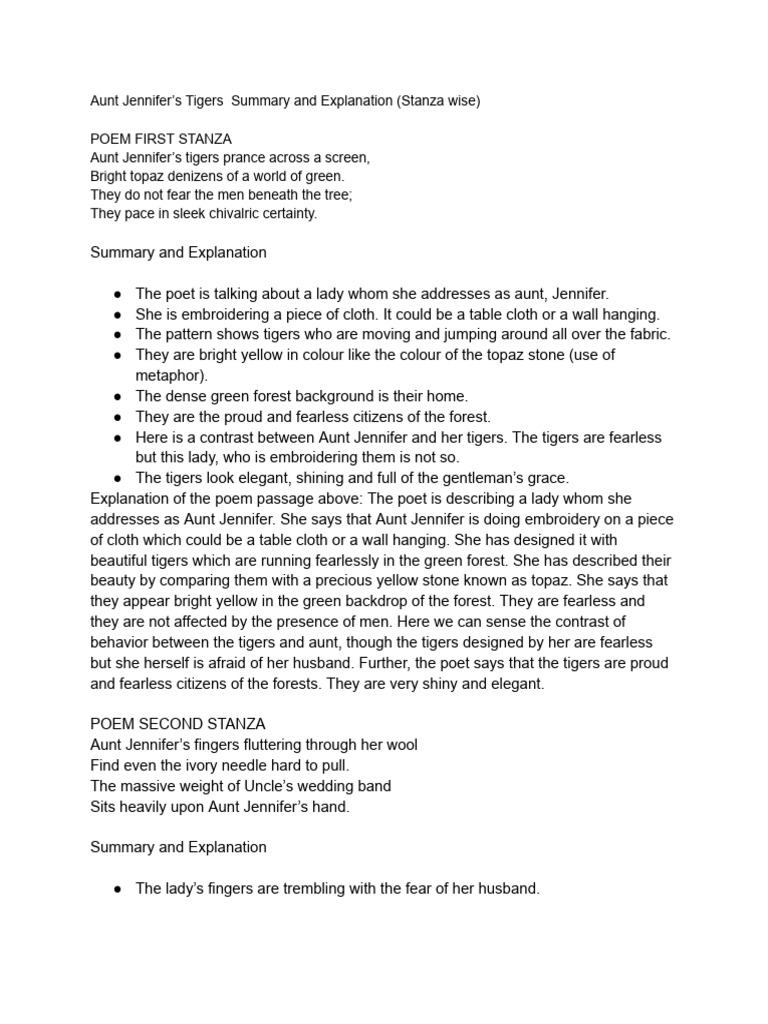 Aunt Jennifer's Tigers: Summary & Analysis | PDF | Embroidery | Poetry