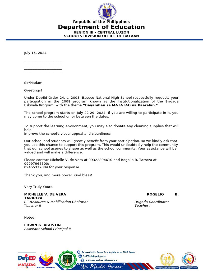 BNHS - BE Letter SY2024 2025 - 01 | PDF