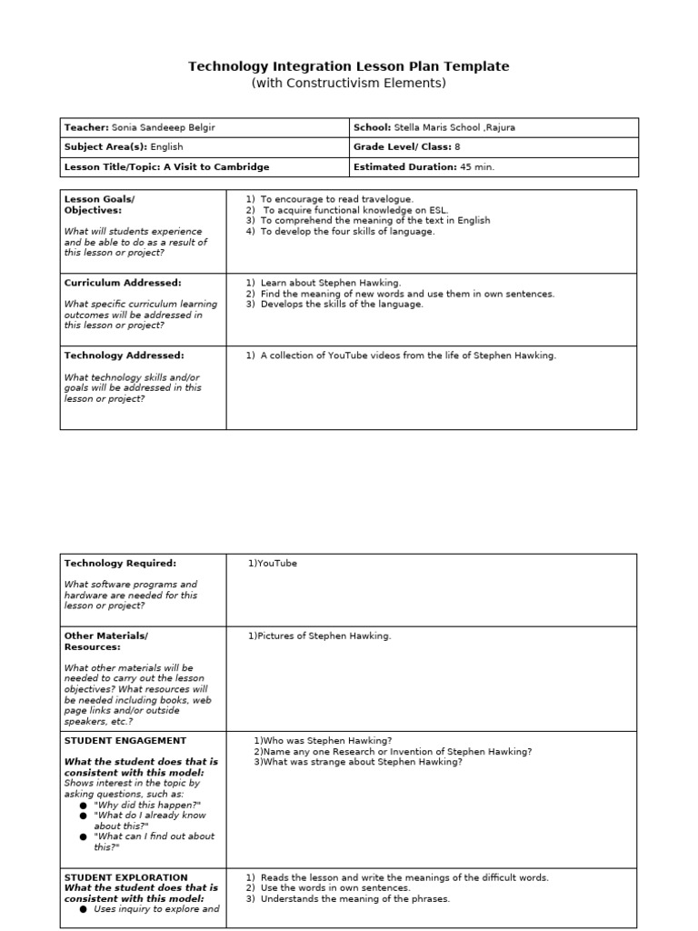 Technology Integration Lesson Plan Template | PDF