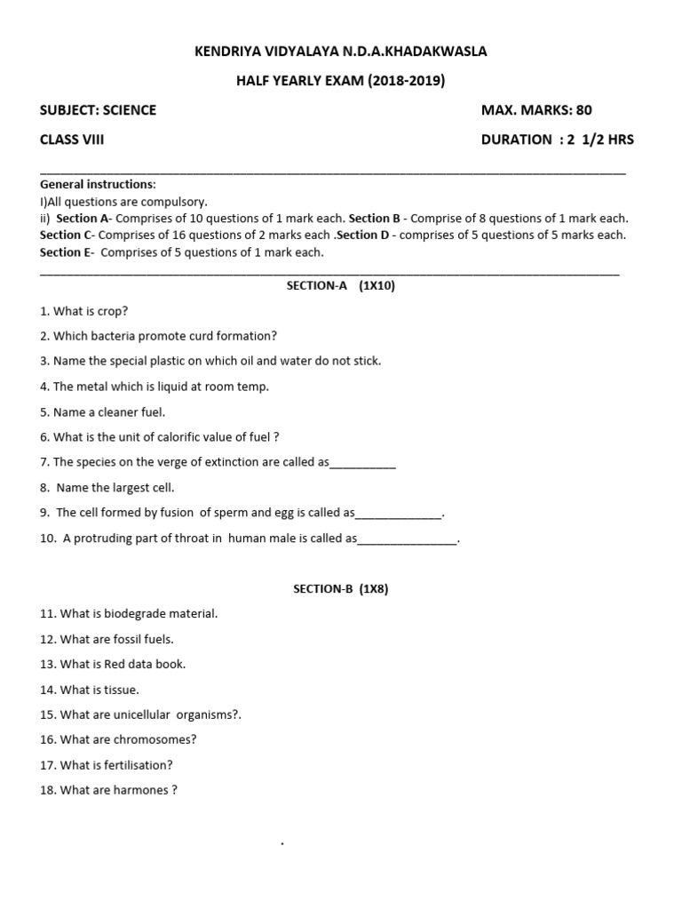 KV Class 8 Half Yearly Exam Science Model Question Paper 1 | PDF