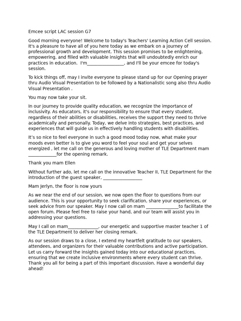 Emcee Script LAC Session G7 | PDF